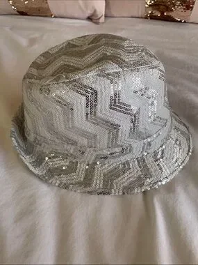 Accessories | Sequined Wavy Silver White Fedora Hat Sparkle Beach Dance ...
